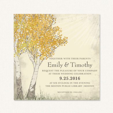 Rustic Fall Wedding Invitations - Autumn Leaves, Trees, Wood, Florals