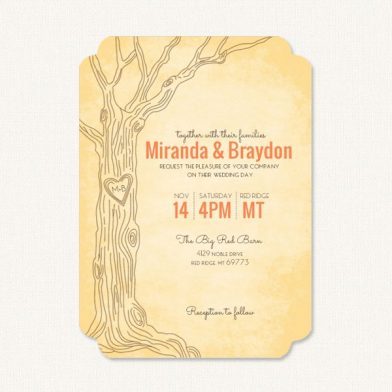 Rustic Fall Wedding Invitations - Autumn Leaves, Trees, Wood, Florals